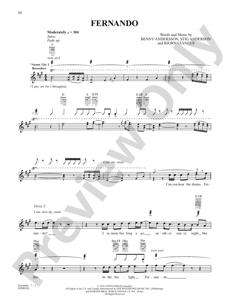Fernando: Guitar: ABBA - Digital Sheet Music Download