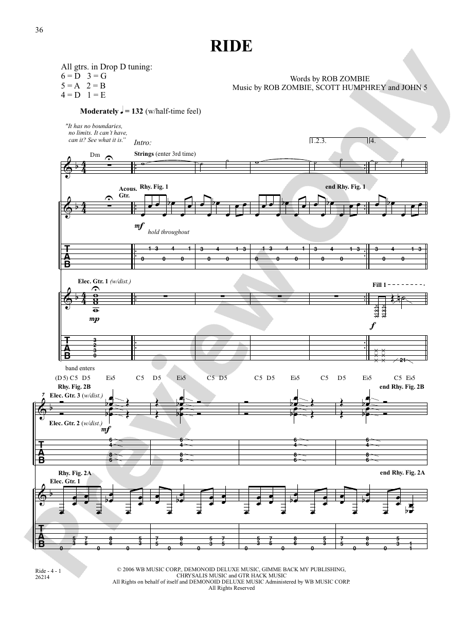 Ride: Guitar: Rob Zombie - Digital Sheet Music Download
