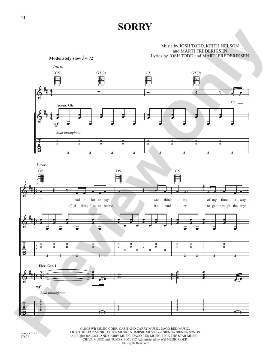 Sorry: Guitar: Buckcherry - Digital Sheet Music Download