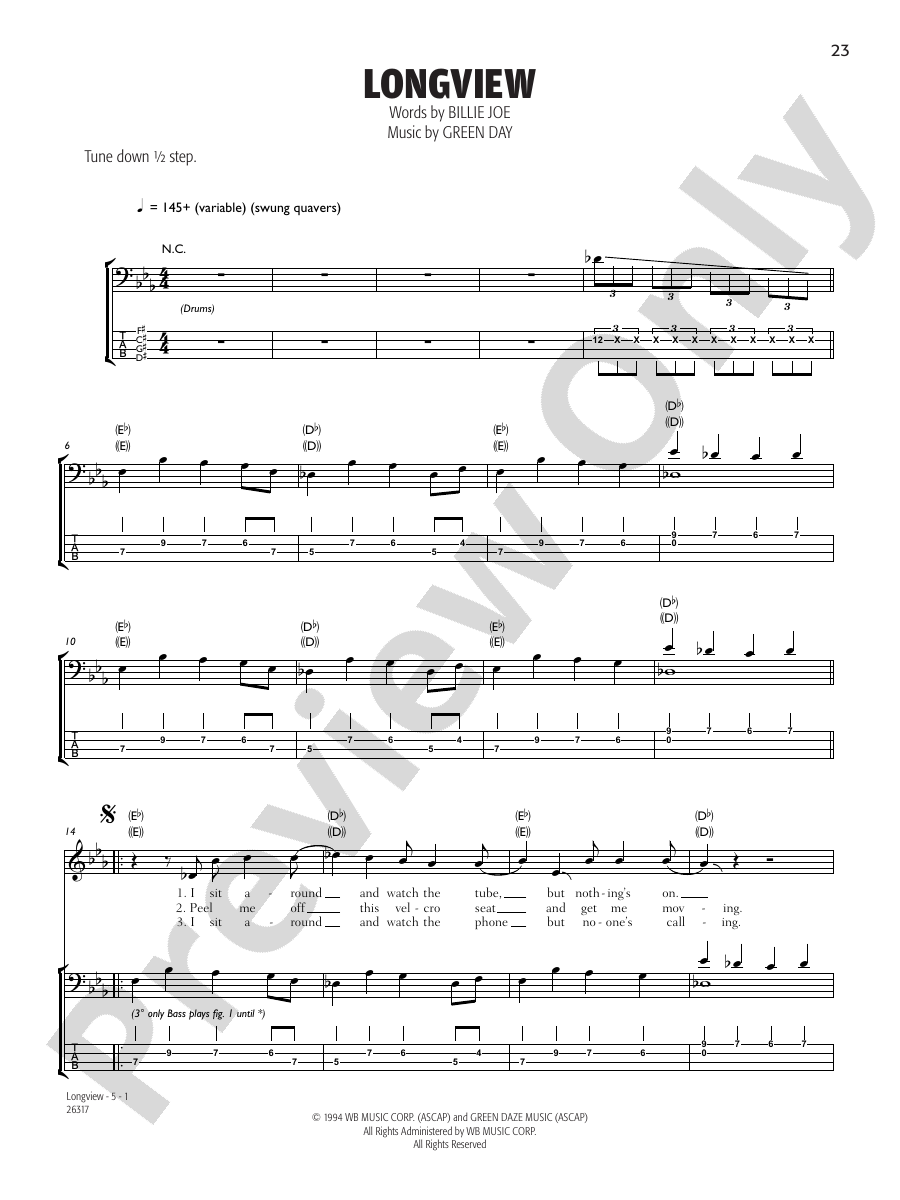 Longview: Bass Guitar: Green Day - Digital Sheet Music Download