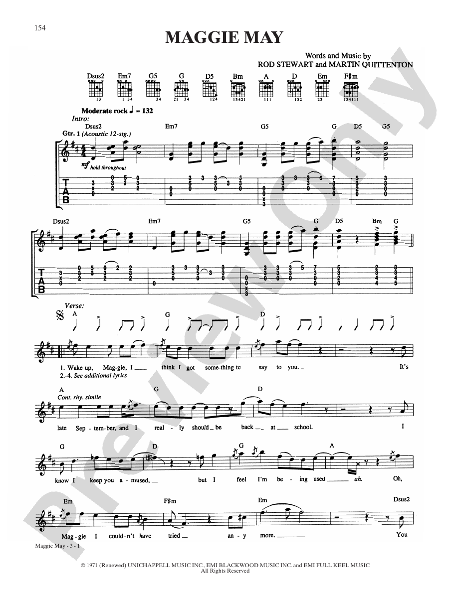 Maggie May: Guitar: Rod Stewart - Digital Sheet Music Download