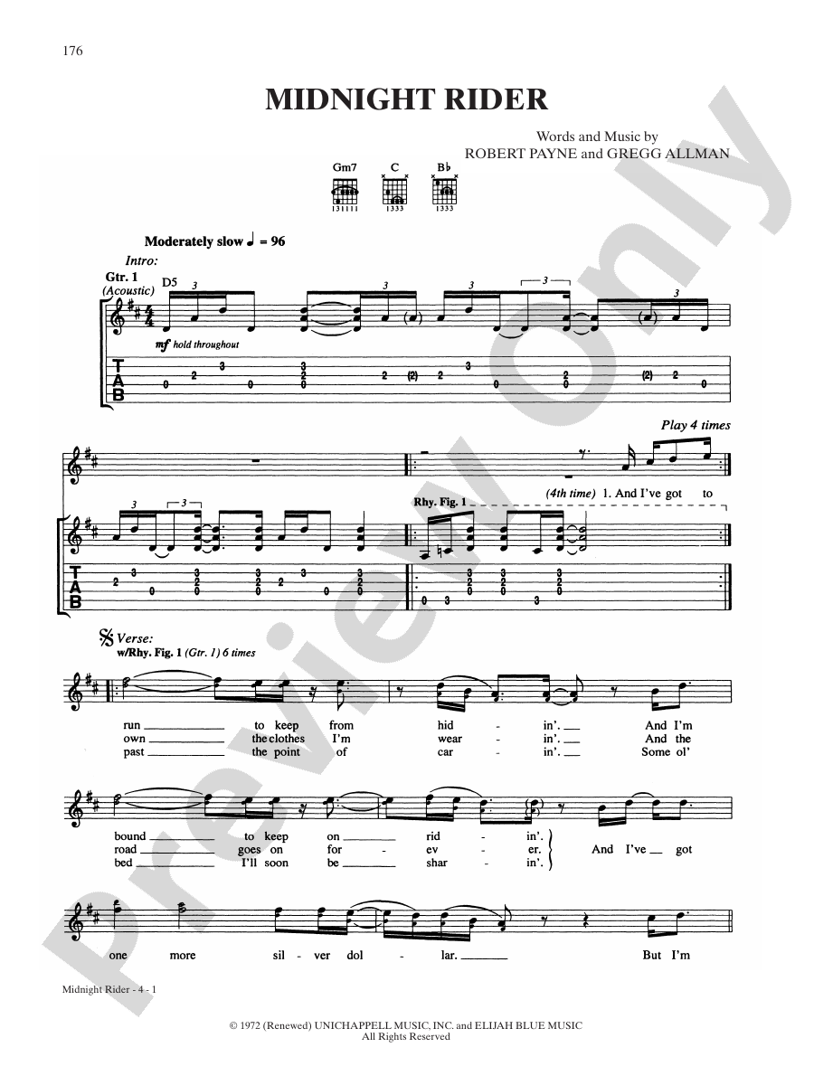 Midnight Rider: Guitar: Allman Brothers - Digital Sheet Music Download
