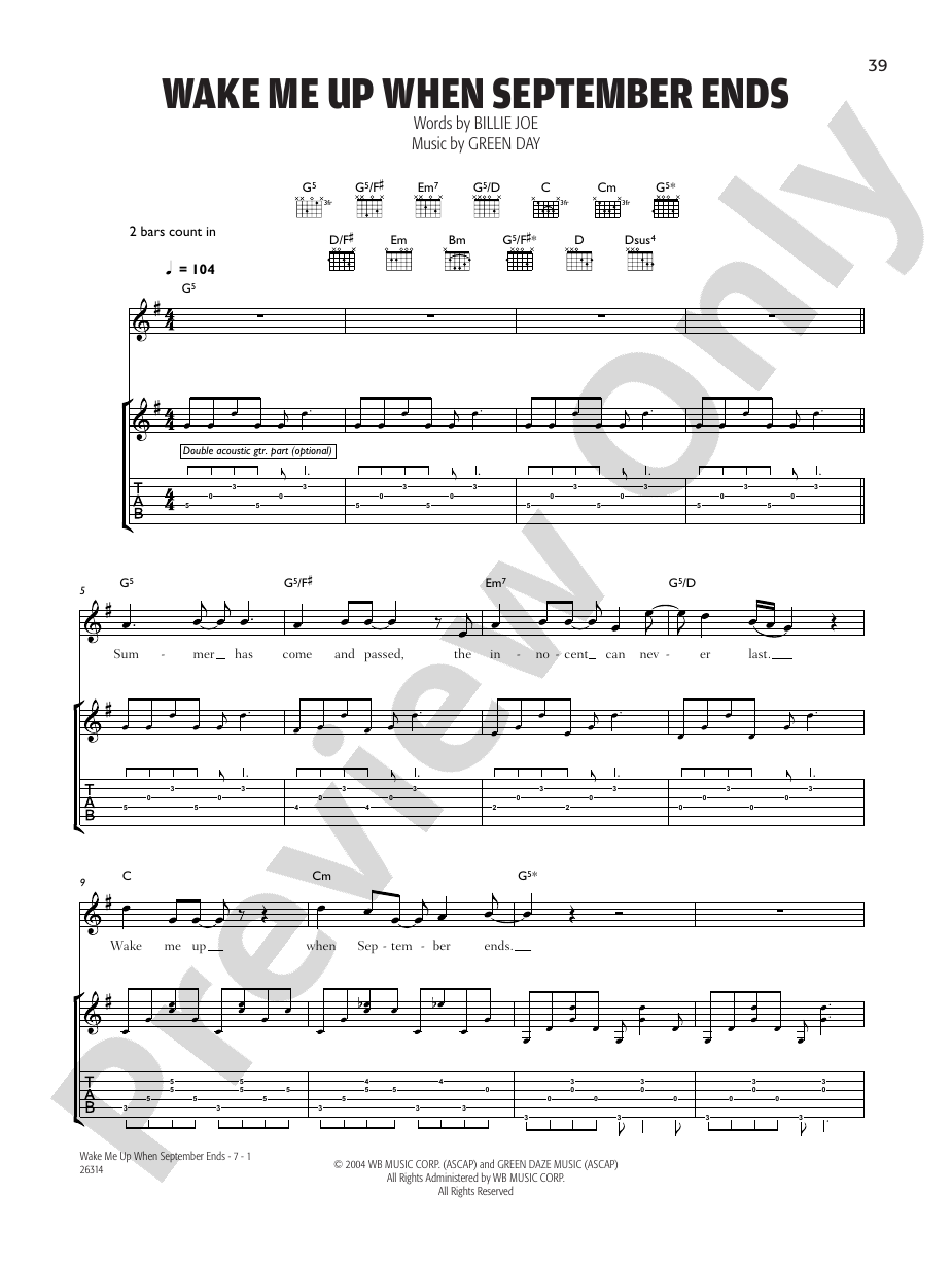 Wake Me Up When September Ends: Guitar: Green Day - Digital Sheet Music ...