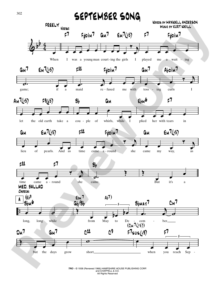 September Song (From "Knickerbocker Holiday"): Piano/Vocal/Chords: Kurt ...