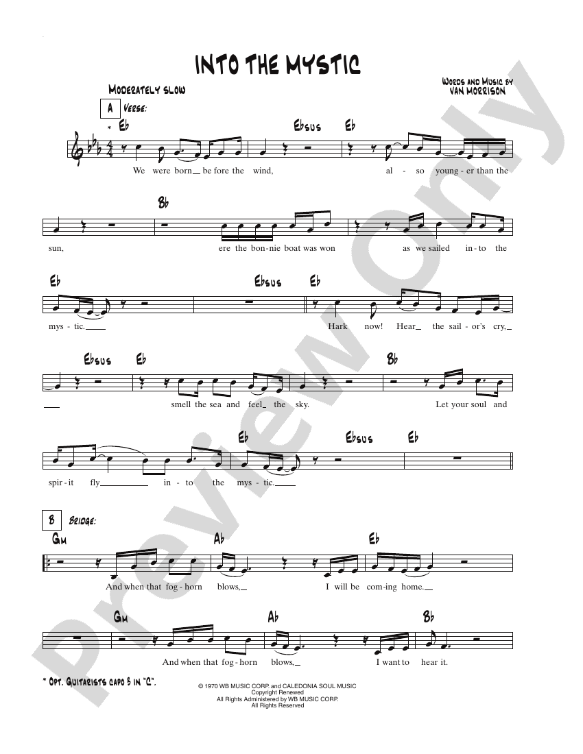 Into The Mystic: Piano/Vocal/Chords: Van Morrison - Digital Sheet Music Download