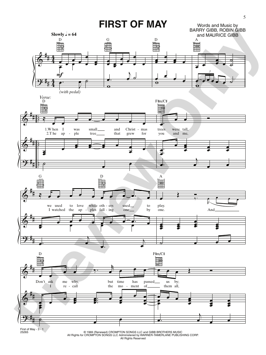 First Of May: Piano/Vocal/Chords: Bee Gees - Digital Sheet Music Download