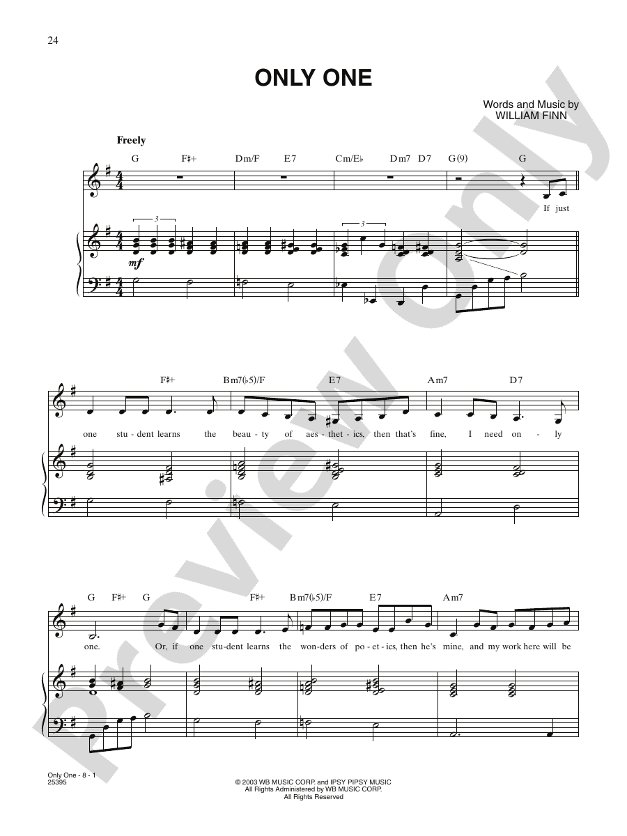 Only One (from "Elegies: A Song Cycle"): Piano/Vocal/Chords: William Finn - Digital Sheet Music ...