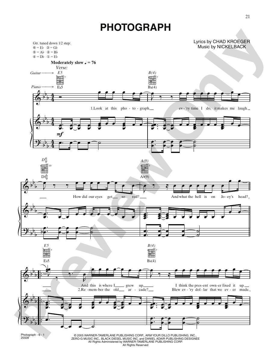 Photograph: Piano/Vocal/Chords: Nickelback - Digital Sheet Music Download
