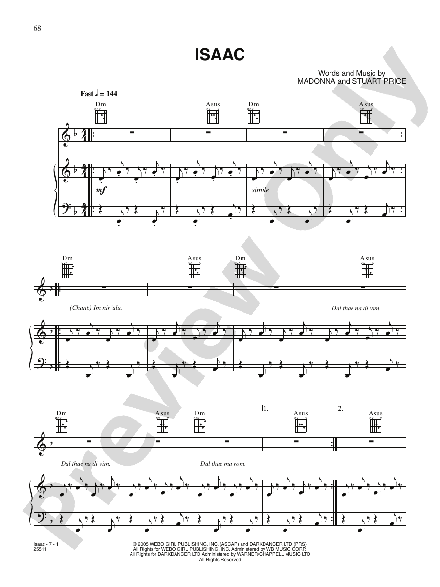 Isaac: Piano/Vocal/Chords: Madonna - Digital Sheet Music Download