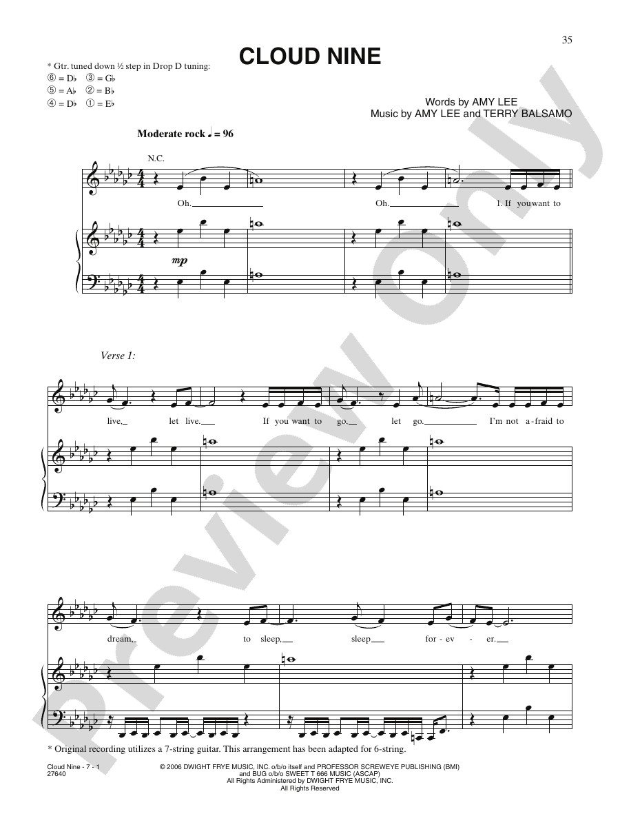 Cloud Nine: Piano/Vocal/Chords: Evanescence - Digital Sheet Music Download