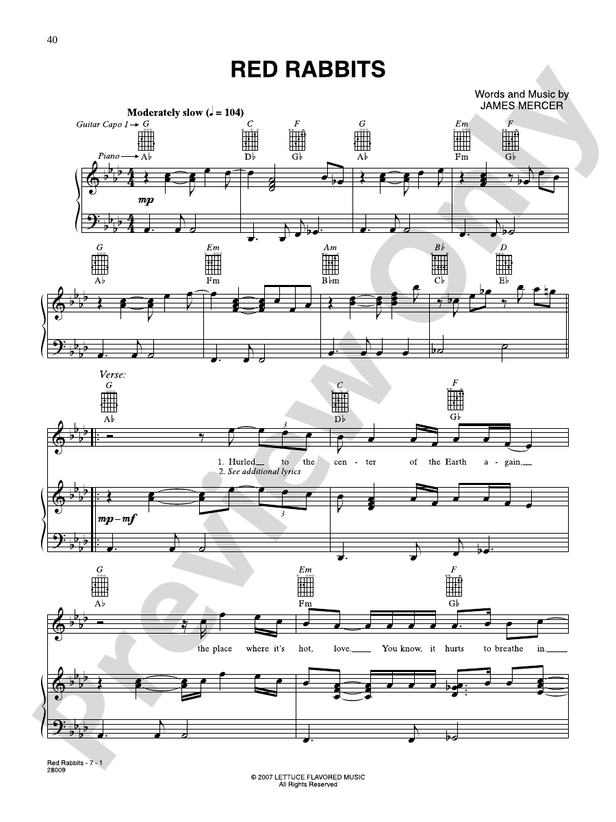 Red Rabbits: Piano/Vocal/Chords: Shins - Digital Sheet Music Download