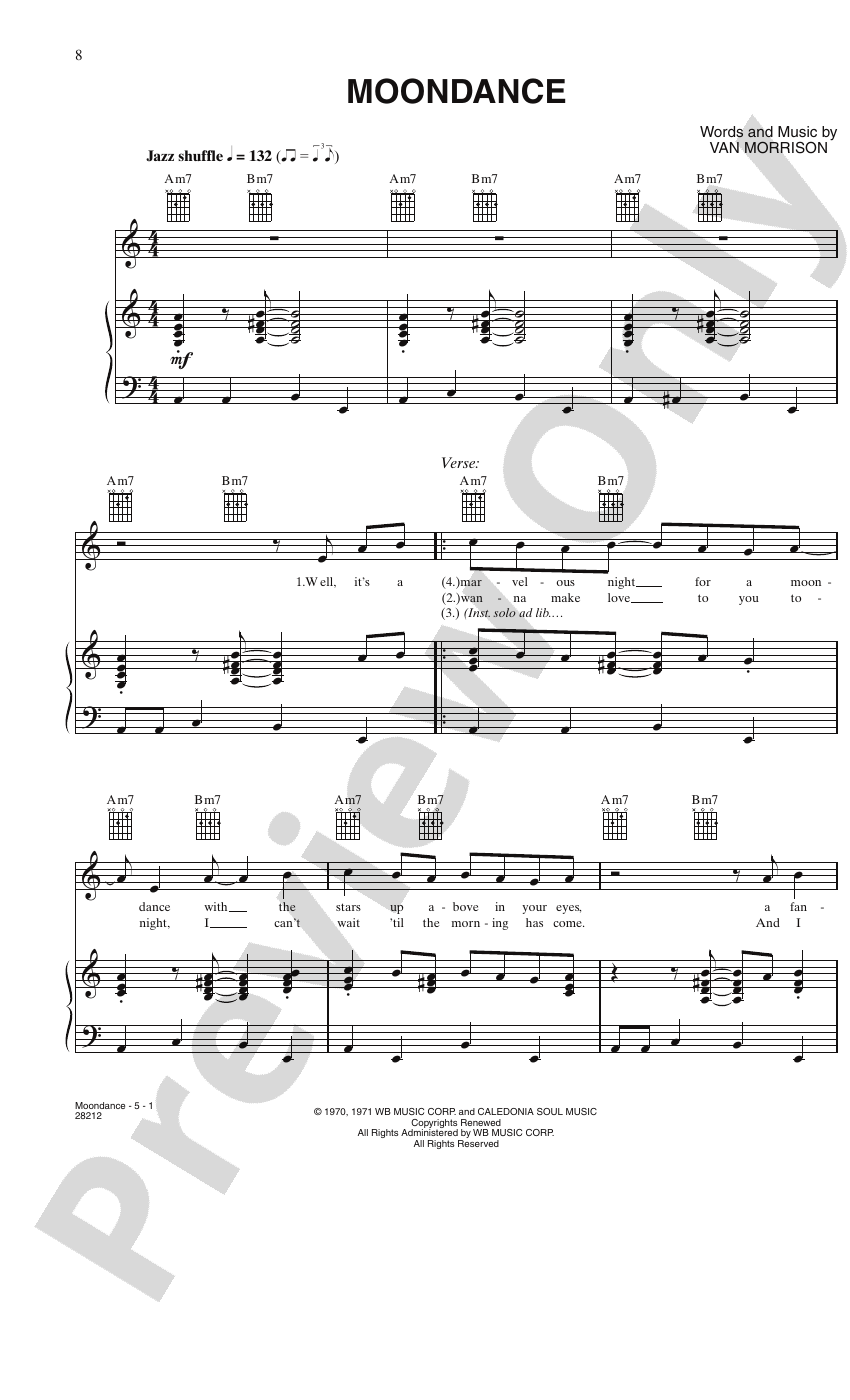 Moondance: Piano/Vocal/Chords: Van Morrison - Digital Sheet Music Download