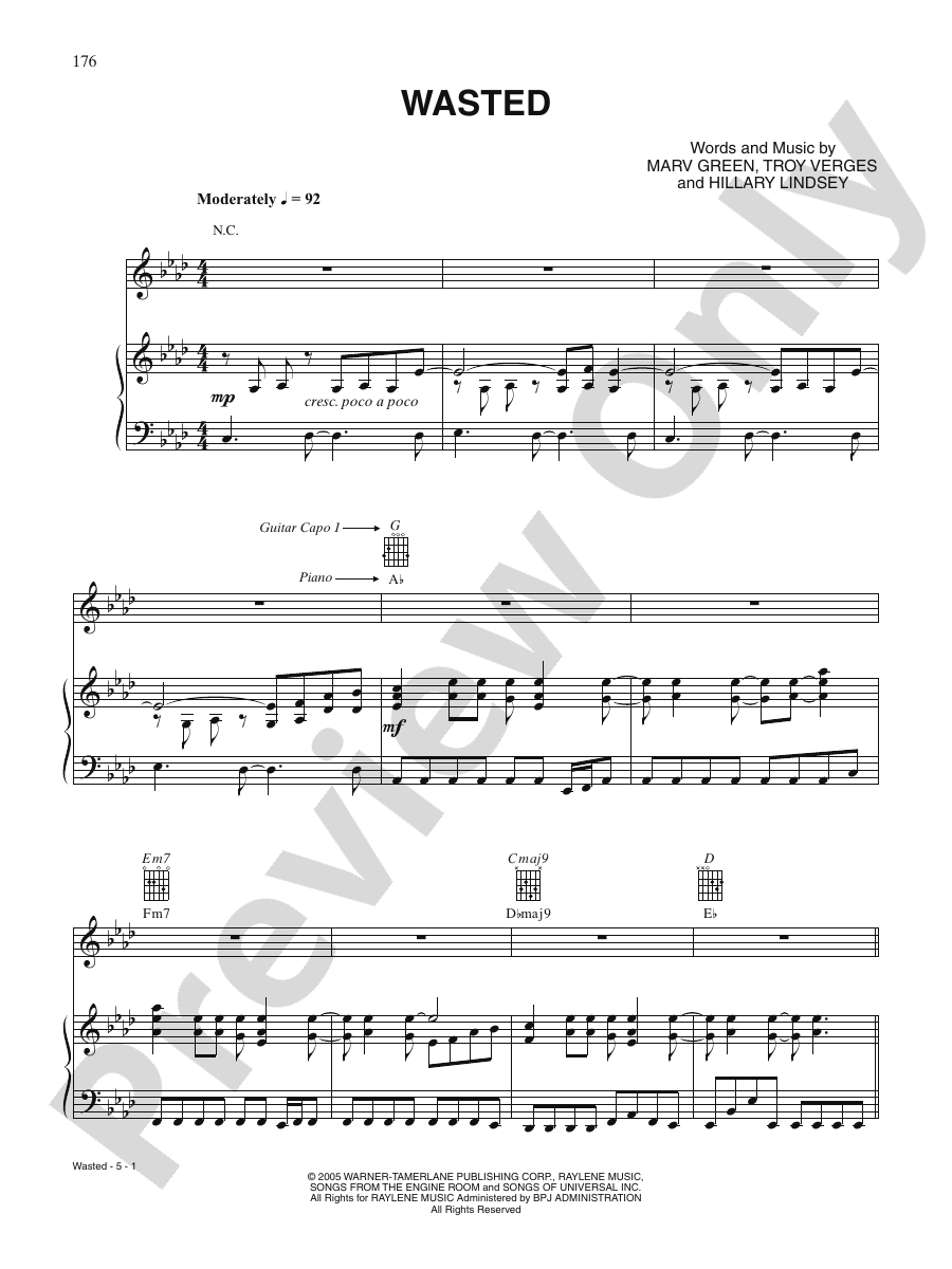 Wasted: Piano/Vocal/Chords: Marv Green - Digital Sheet Music Download