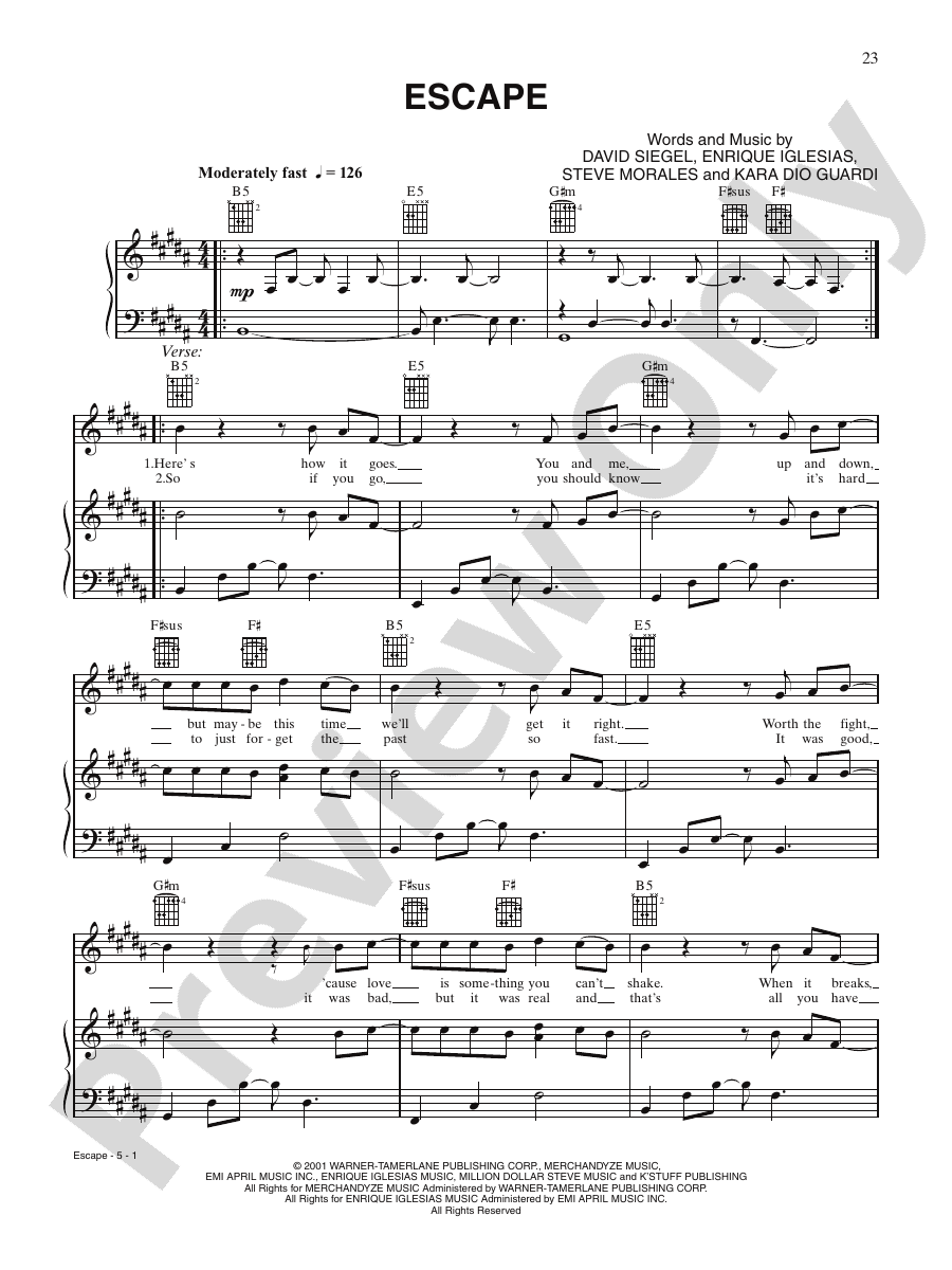 Escape: Piano/Vocal/Chords: Enrique Iglesias - Digital Sheet Music Download