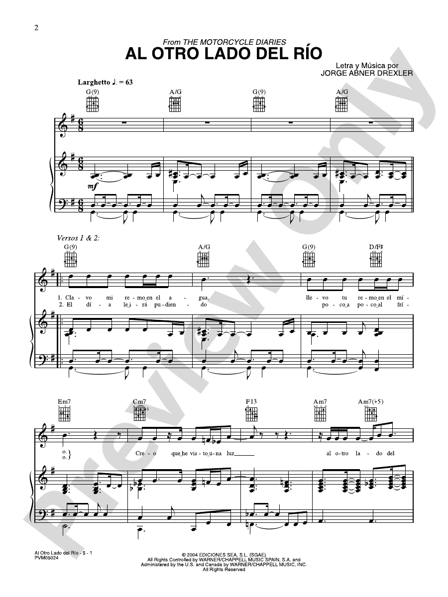 Al Otro Lado del Río (from "The Motorcycle Diaries"): Piano/Vocal ...