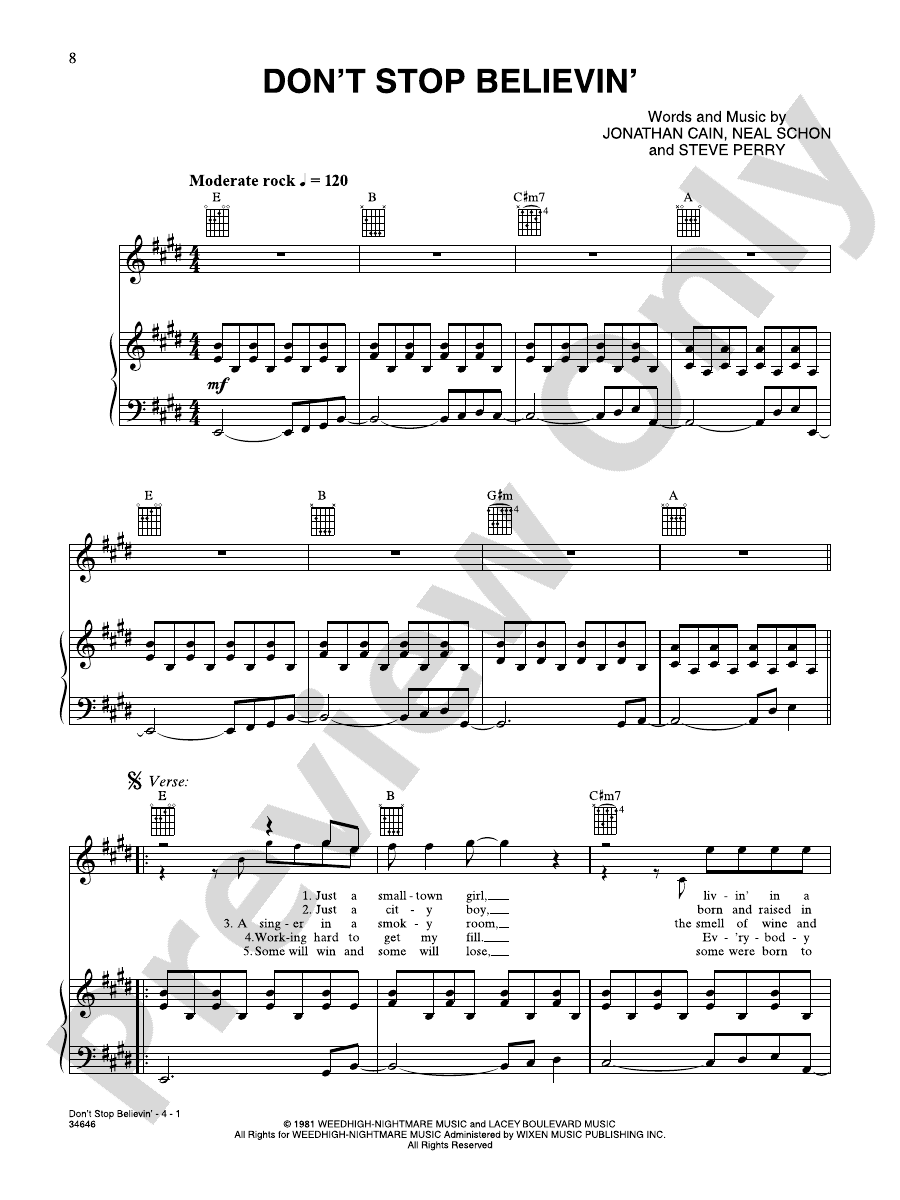 Don't Stop Believin': Piano/Vocal/Guitar: Journey - Digital Sheet Music ...