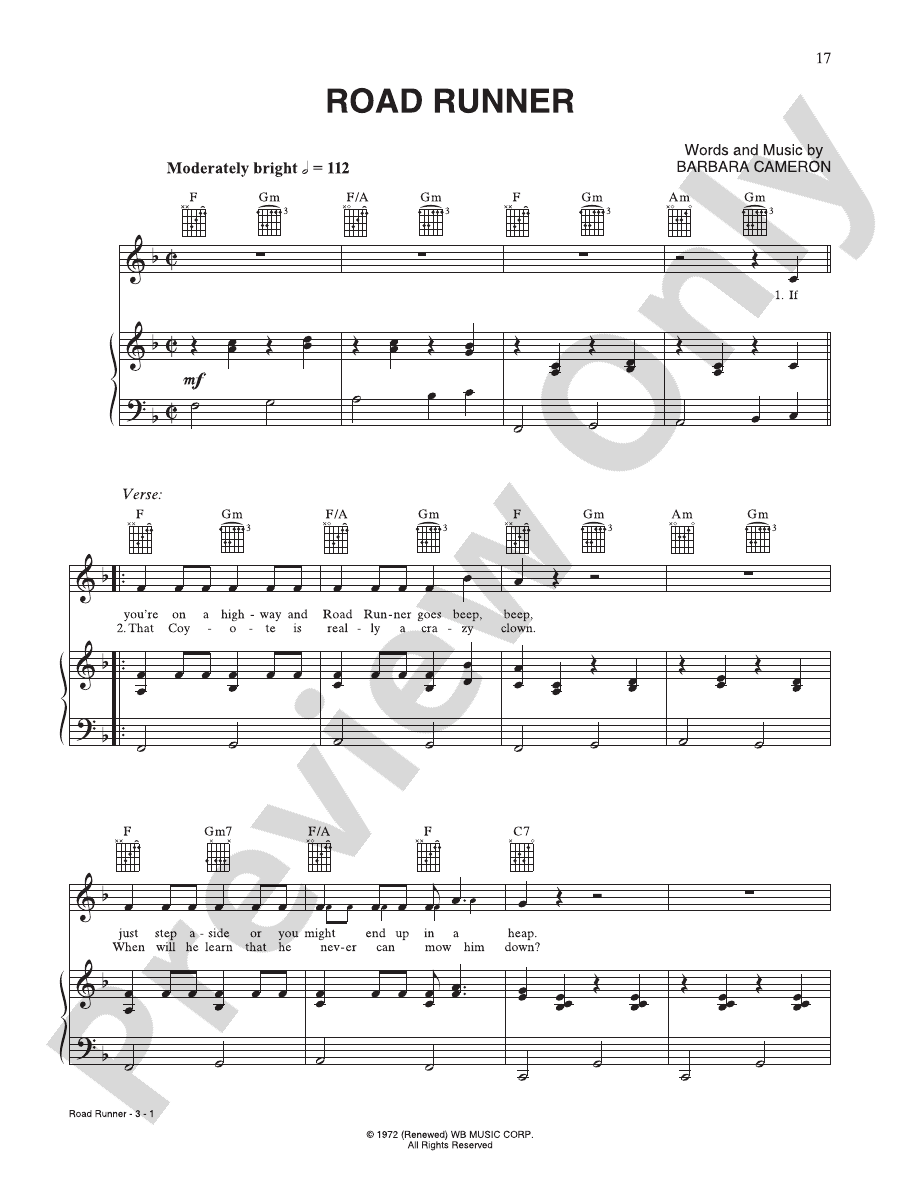 Road Runner (from "Merrie Melodies & Looney Tunes"): Piano/Vocal/Guitar ...