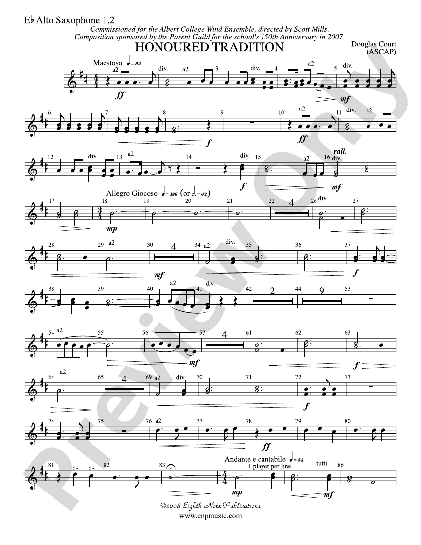 Honoured Tradition: 1st & 2nd E-flat Alto Saxophone: 1st & 2nd E-flat Alto Saxophone Part ...