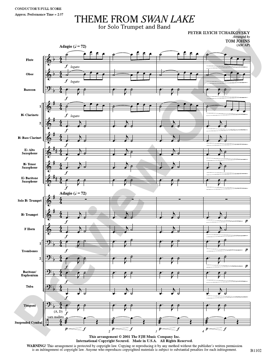 Theme from Swan Lake: Score: Concert Band Score: Peter Ilyich ...