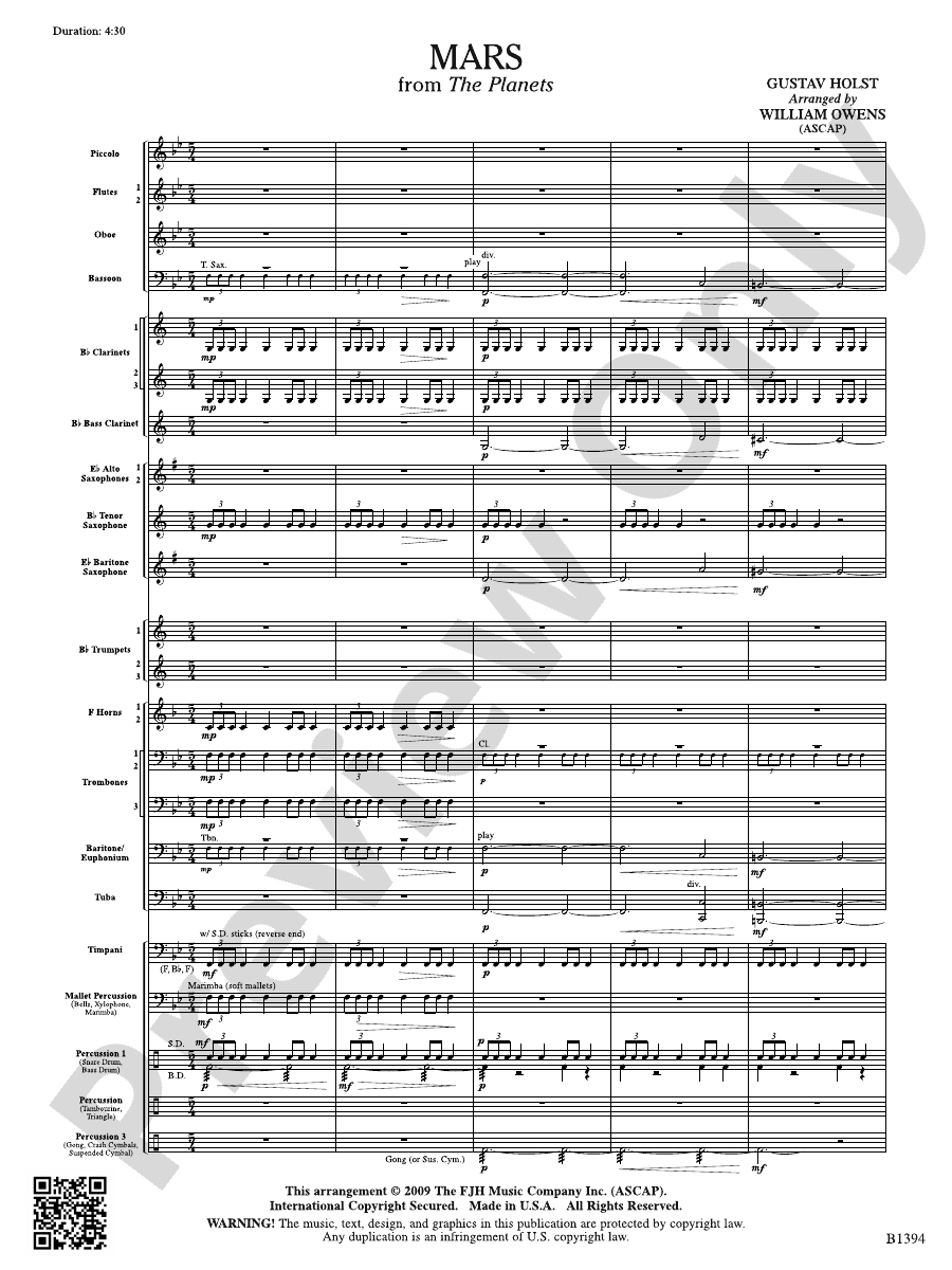 Mars from The Planets: Score: Concert Band Score: Gustav Holst ...