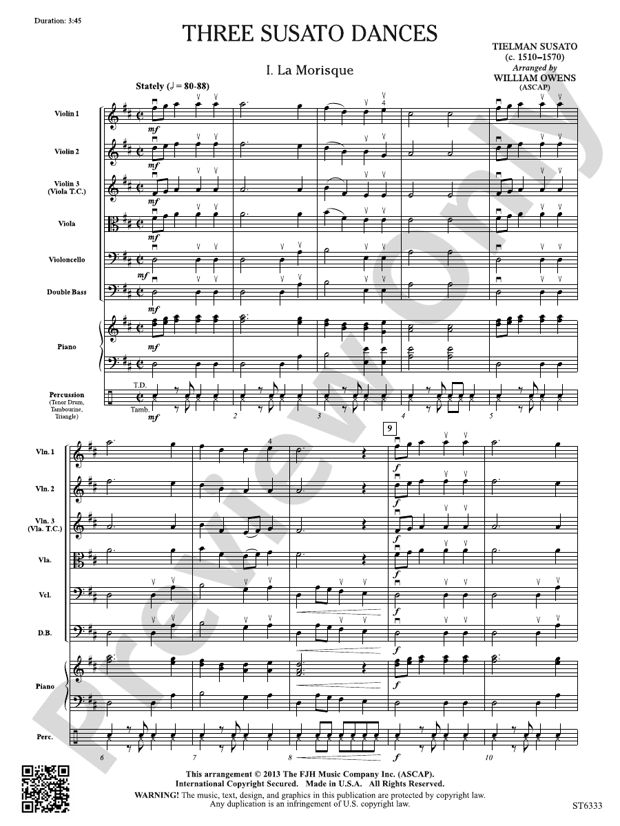 Three Susato Dances: Score: String Orchestra Score: Tielman Susato ...