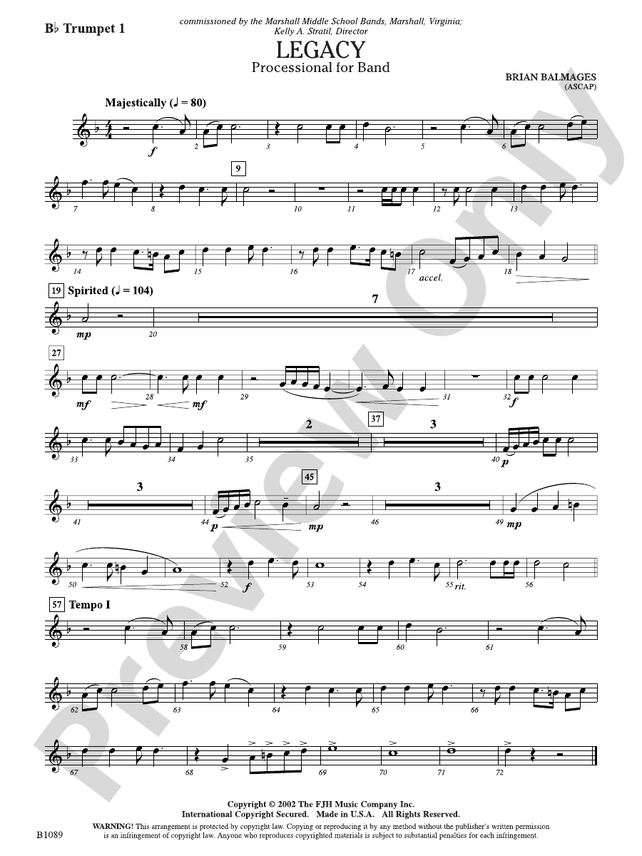 Legacy (Processional for Band): B-flat Trumpet 1: B-flat Trumpet 1 Part ...