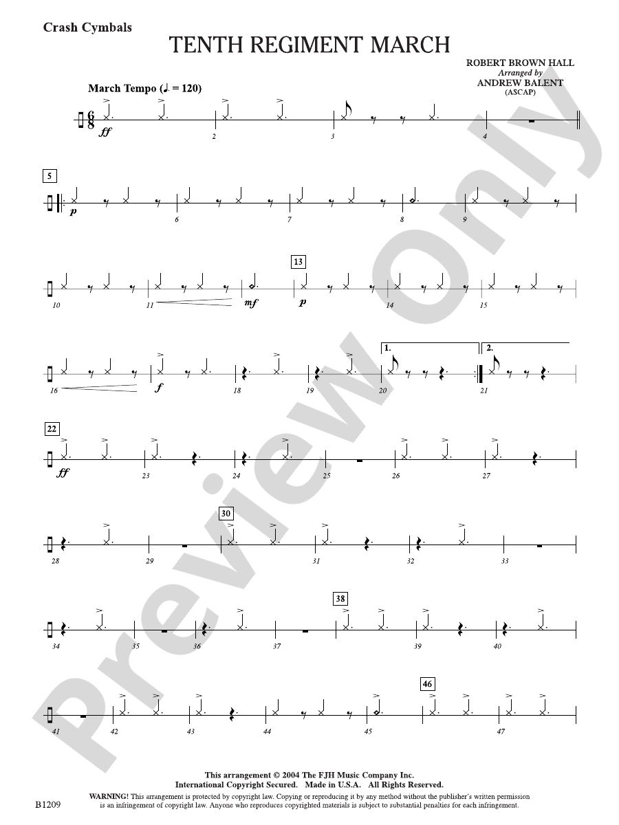 Tenth Regiment March: Crash Cymbals: Crash Cymbals Part: Robert Brown Hall - Digital Sheet Music ...