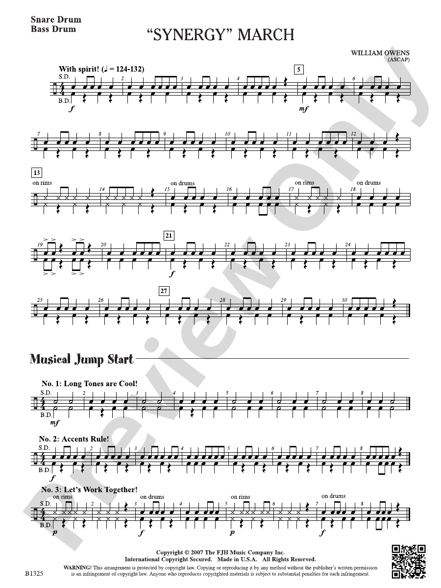 Synergy March: Snare Drum/Bass Drum: Snare Drum/Bass Drum Part: William ...