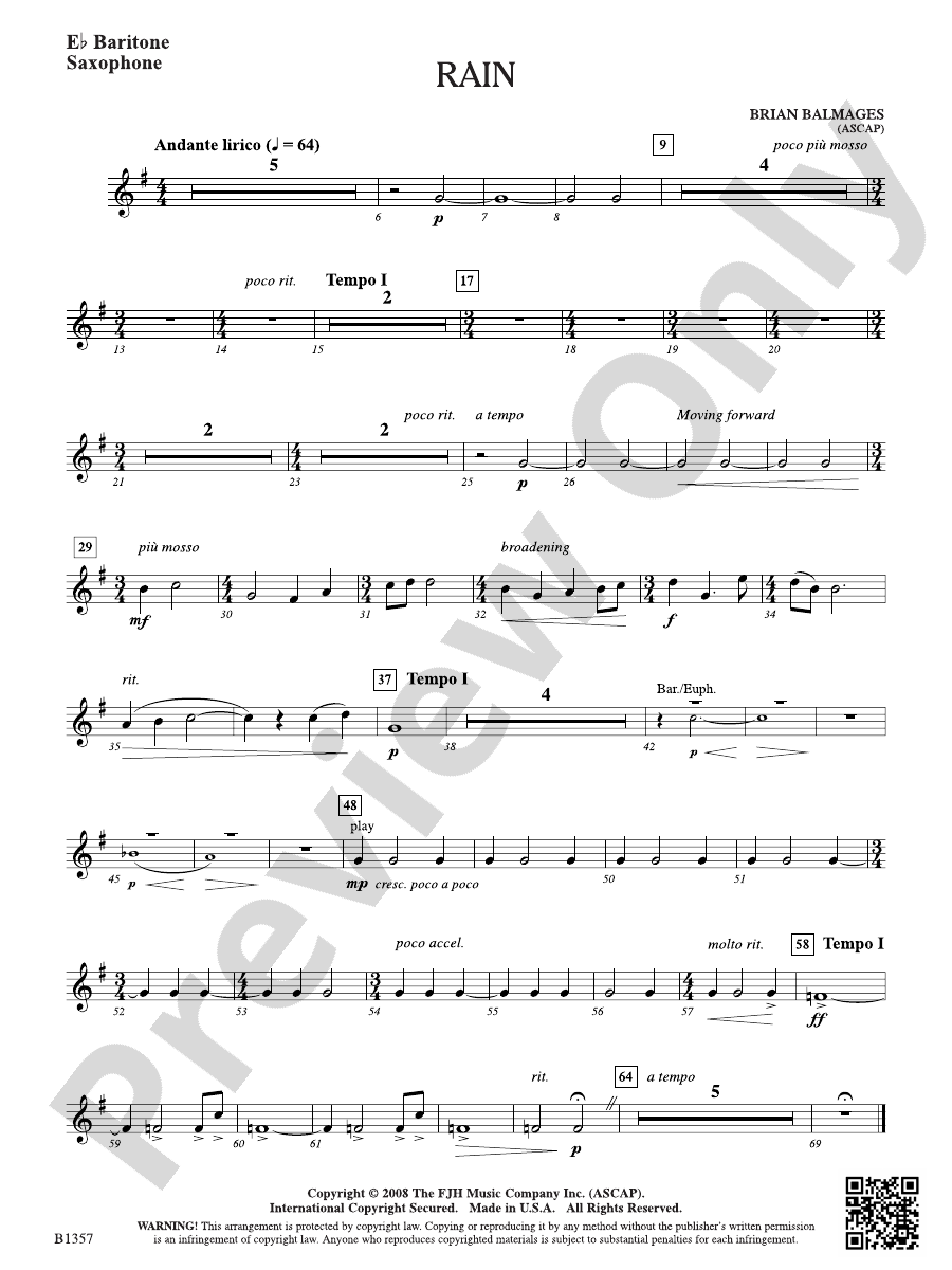 Rain: E-flat Baritone Saxophone: E-flat Baritone Saxophone Part: Brian Balmages - Digital Sheet ...