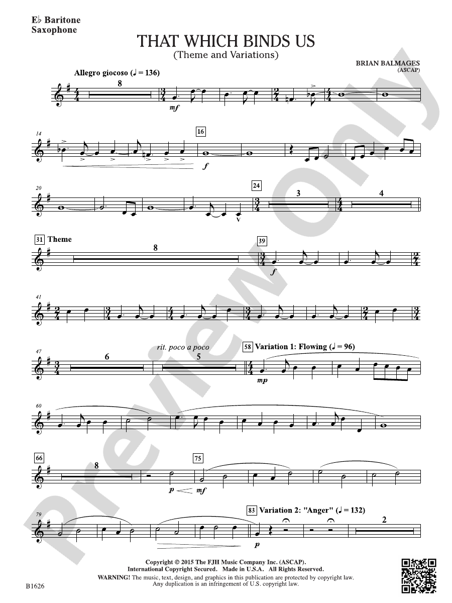That Which Binds Us: E-flat Baritone Saxophone: E-flat Baritone Saxophone Part: Brian Balmages ...
