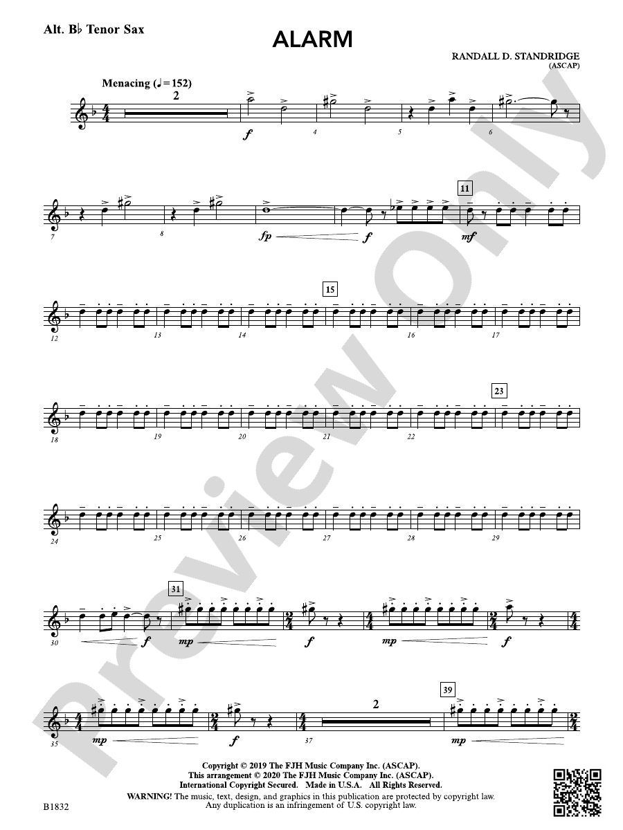 Alarm: Alt. B-flat Tenor Saxophone: Alt. B-flat Tenor Saxophone Part ...
