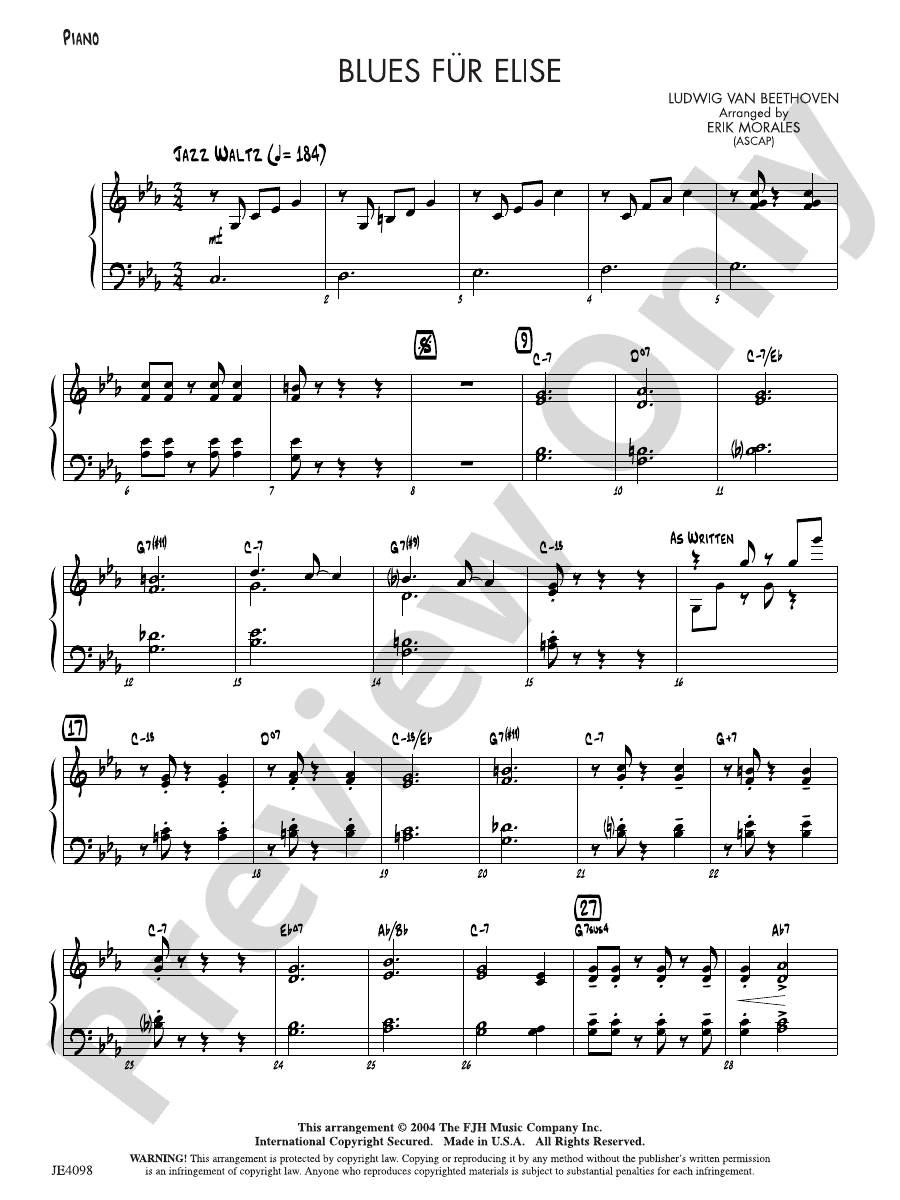 Blues für Elise: Piano: Piano Part: Ludwig van Beethoven - Digital Sheet Music Download
