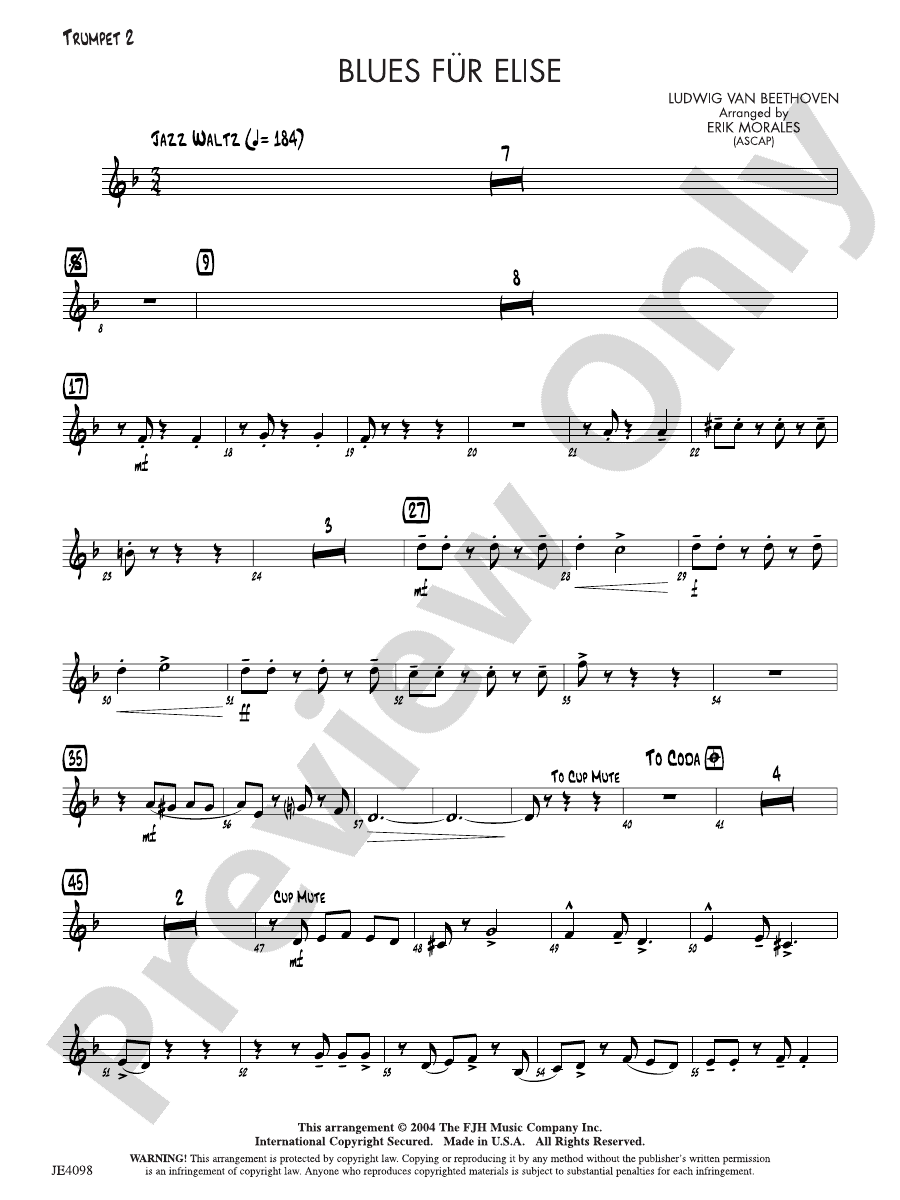 Blues für Elise: Trumpet 2: Trumpet 2 Part: Ludwig van Beethoven - Digital Sheet Music Download