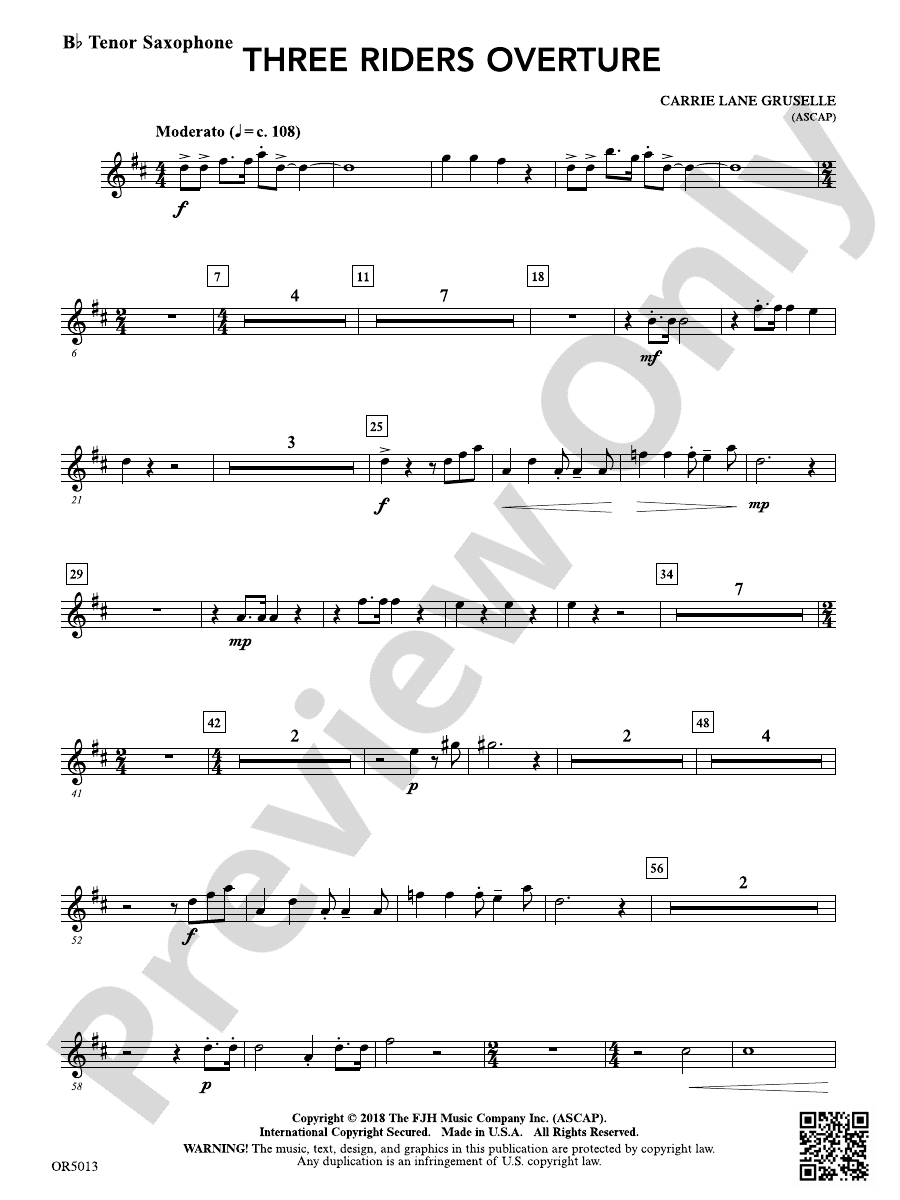 Three Riders Overture: Optional B-flat Tenor Saxophone: Optional B-flat Tenor Saxophone Part ...