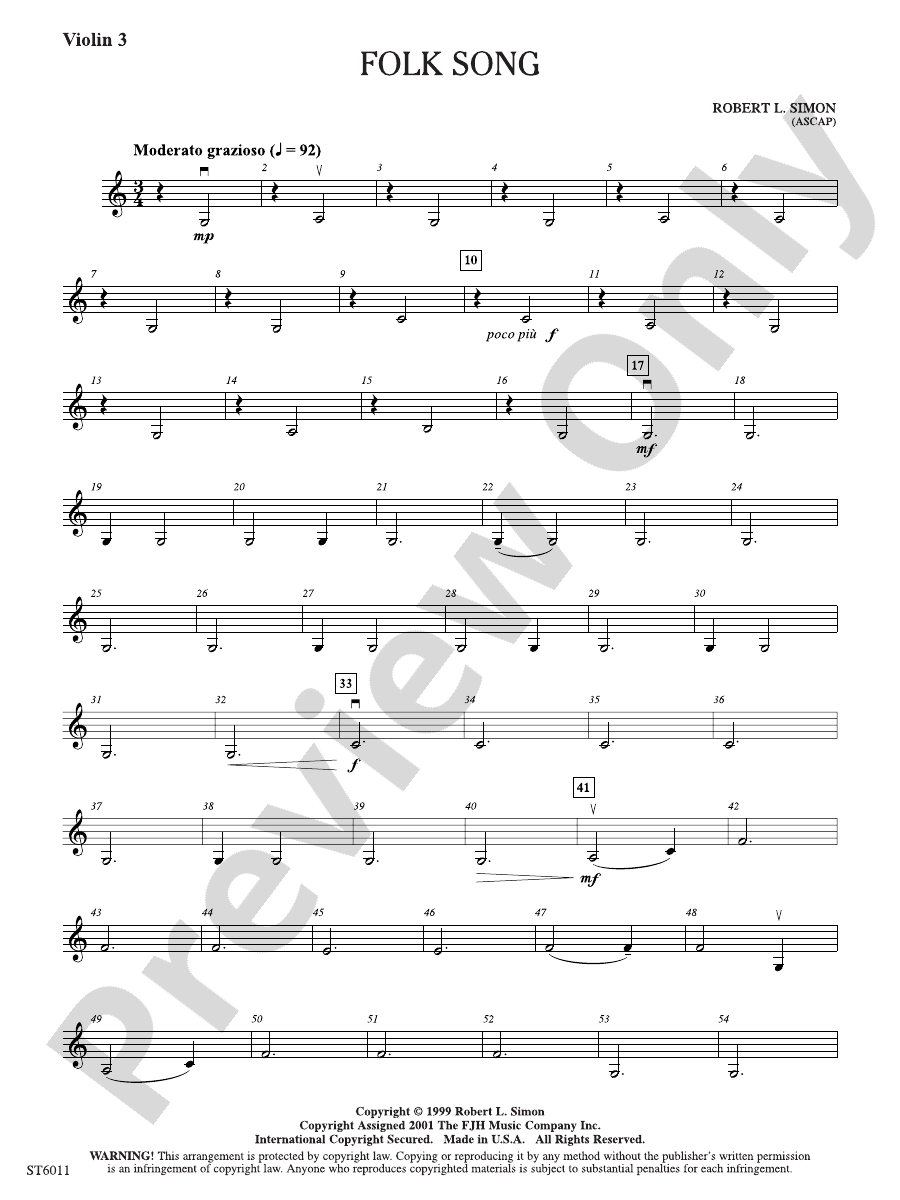 Folk Song (Gum Tree Canoe): Violin 3: Violin 3 Part: Robert L. Simon ...