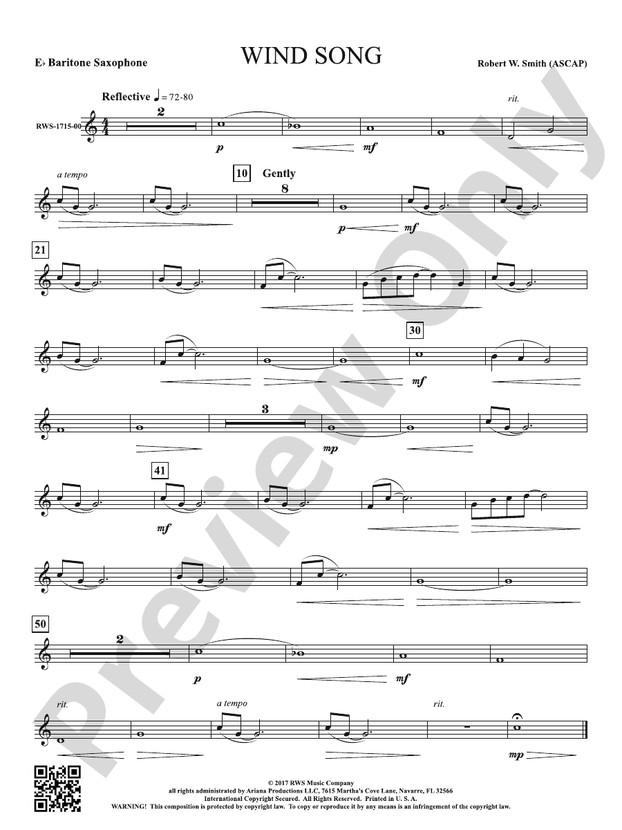 Wind Song: E-flat Baritone Saxophone: E-flat Baritone Saxophone Part: Robert W. Smith - Digital ...