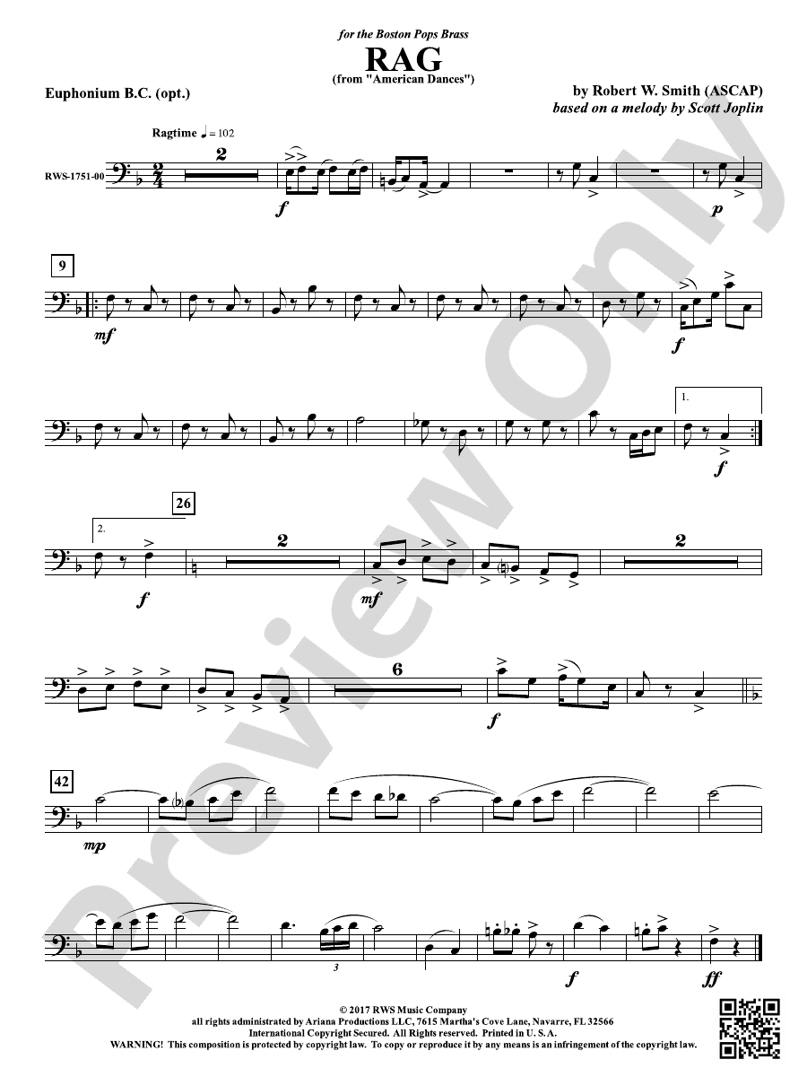 Rag - From American Dances: Optioinal Baritone Bass Clef: Optioinal Baritone Bass Clef Part ...