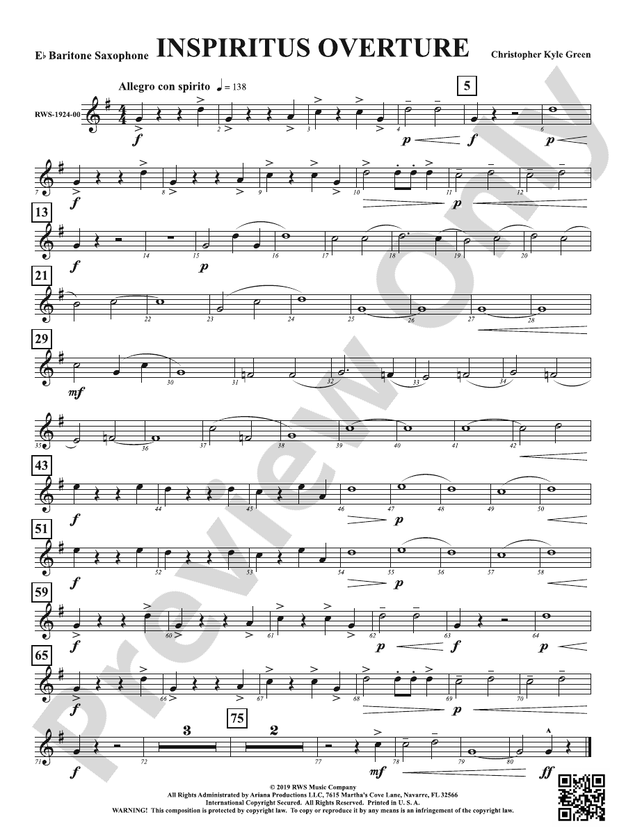 Inspiritus Overture: E-flat Baritone Saxophone: E-flat Baritone Saxophone Part: Christopher Kyle ...