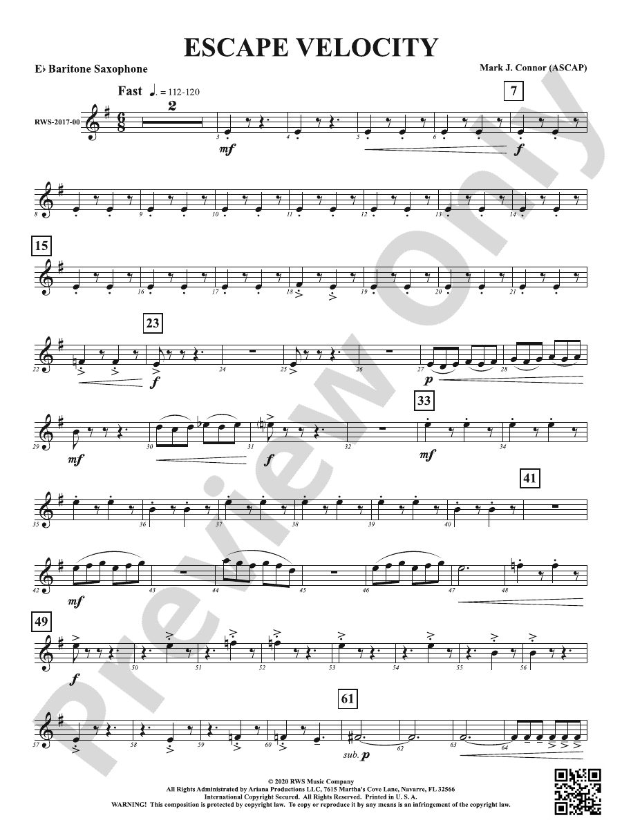 Escape Velocity: E-flat Baritone Saxophone: E-flat Baritone Saxophone Part: Mark J. Connor ...