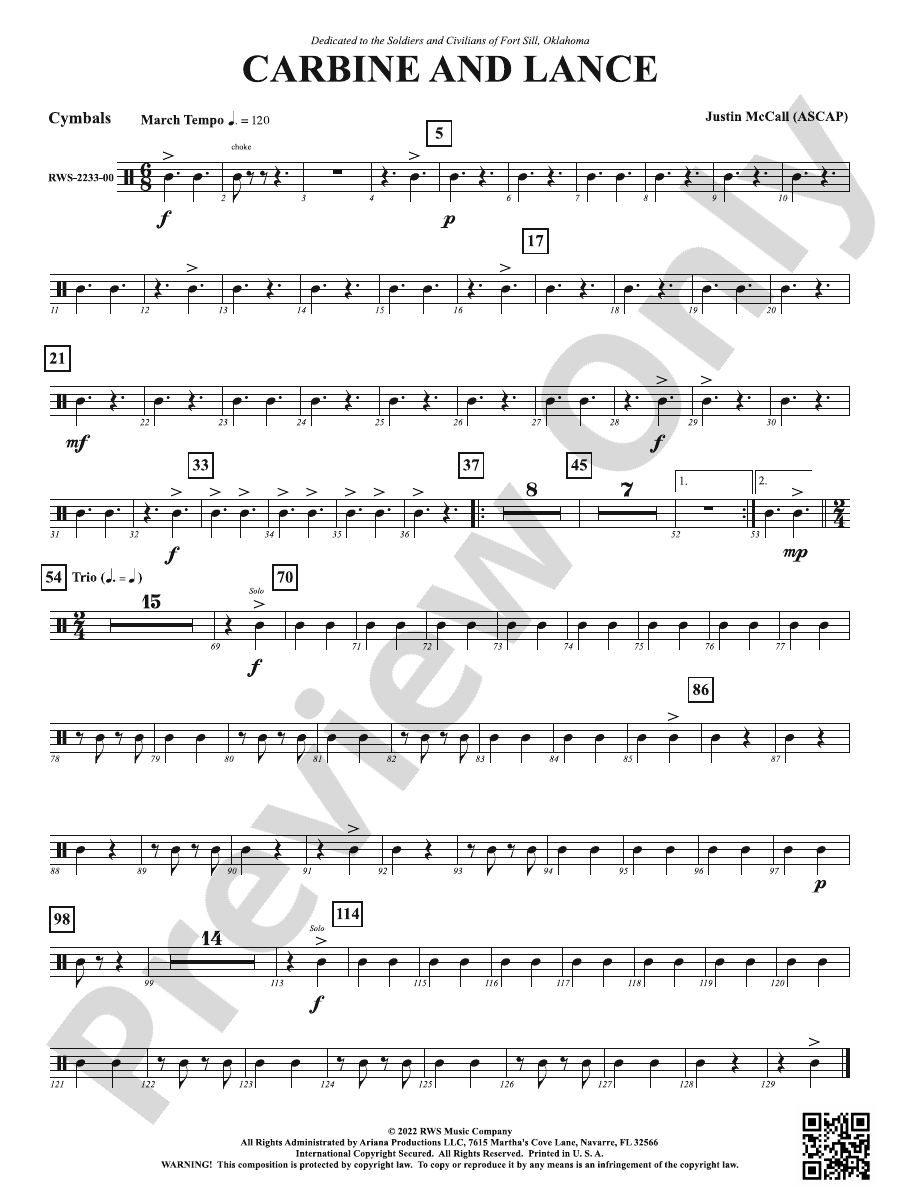 Carbine and Lance: Cymbals: Cymbals Part: Justin McCall - Digital Sheet Music Download