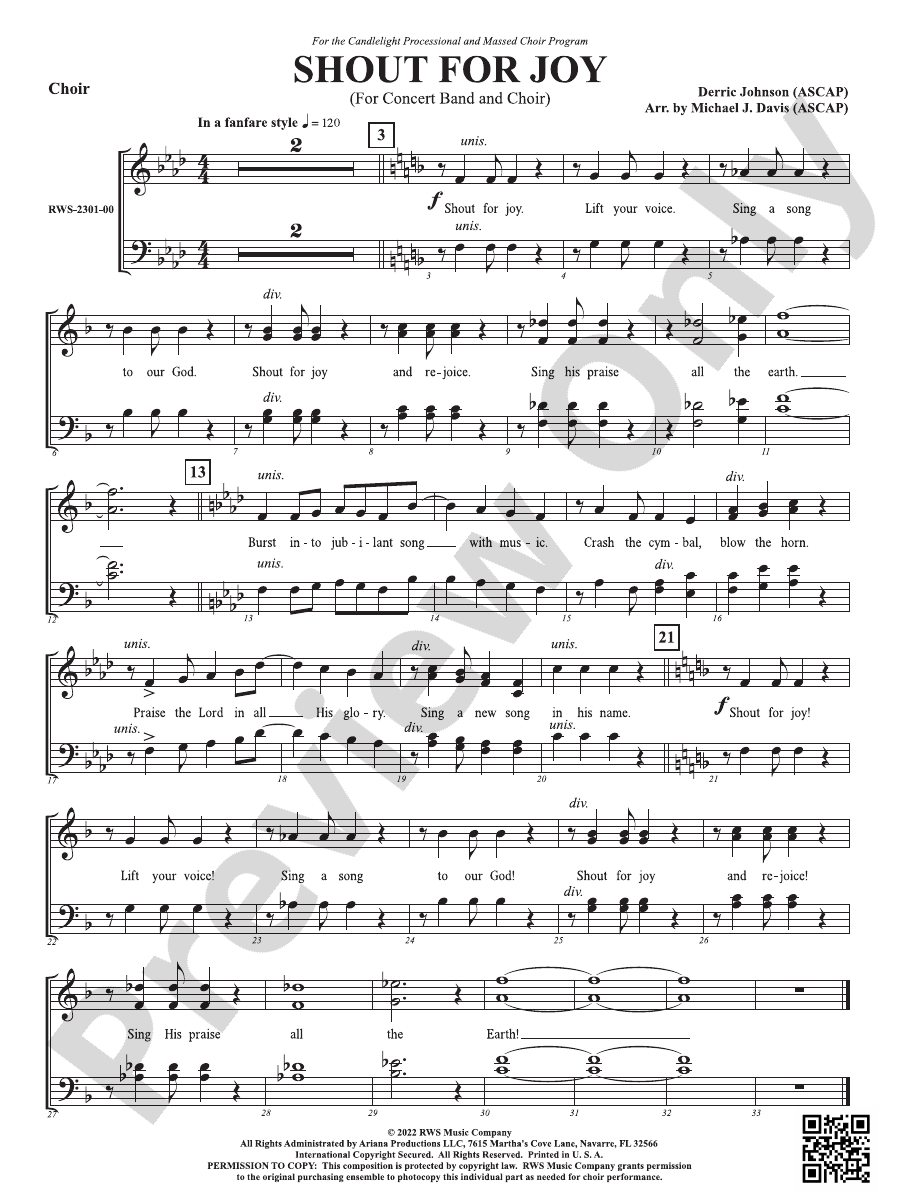 Shout for Joy - For Concert Band and Choir: Choir: Choir Part: Derric ...