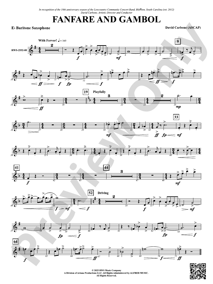 Fanfare And Gambol: E-flat Baritone Saxophone: E-flat Baritone ...