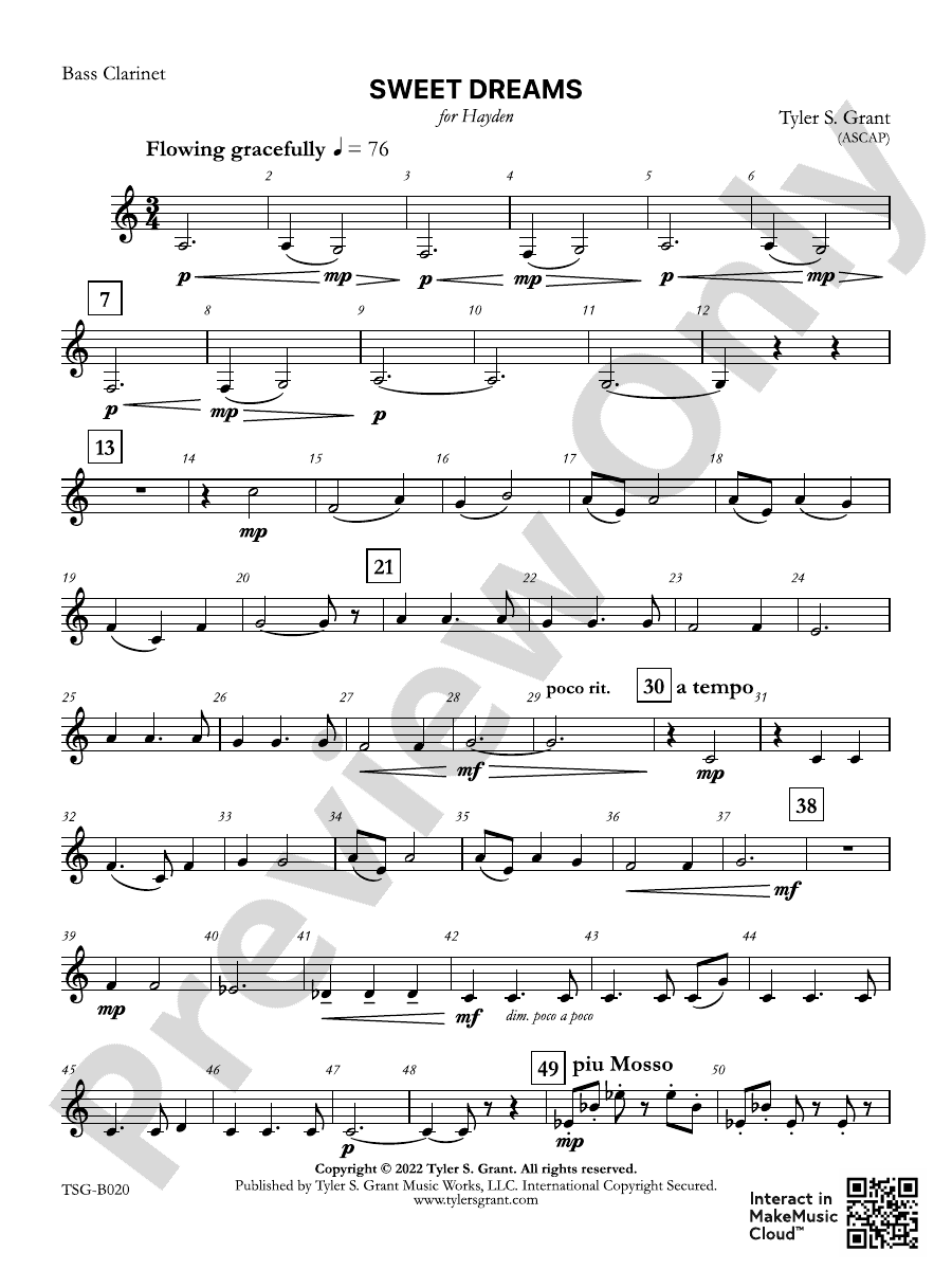 Sweet Dreams: Bass Clarinet: Bass Clarinet Part - Digital Sheet Music ...